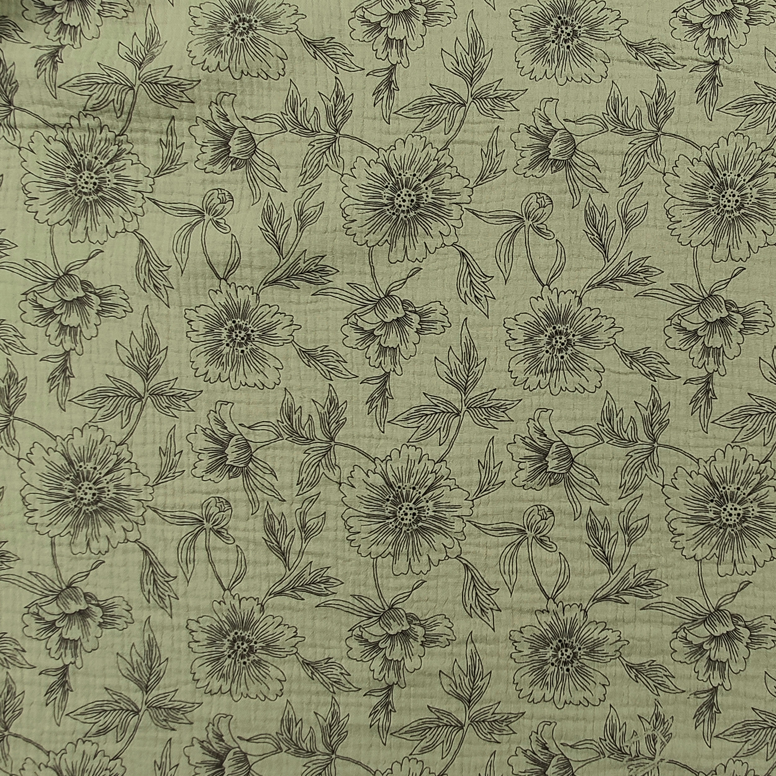 Tessuto Mussola Cotone Verde Oliva e Fiori Outline