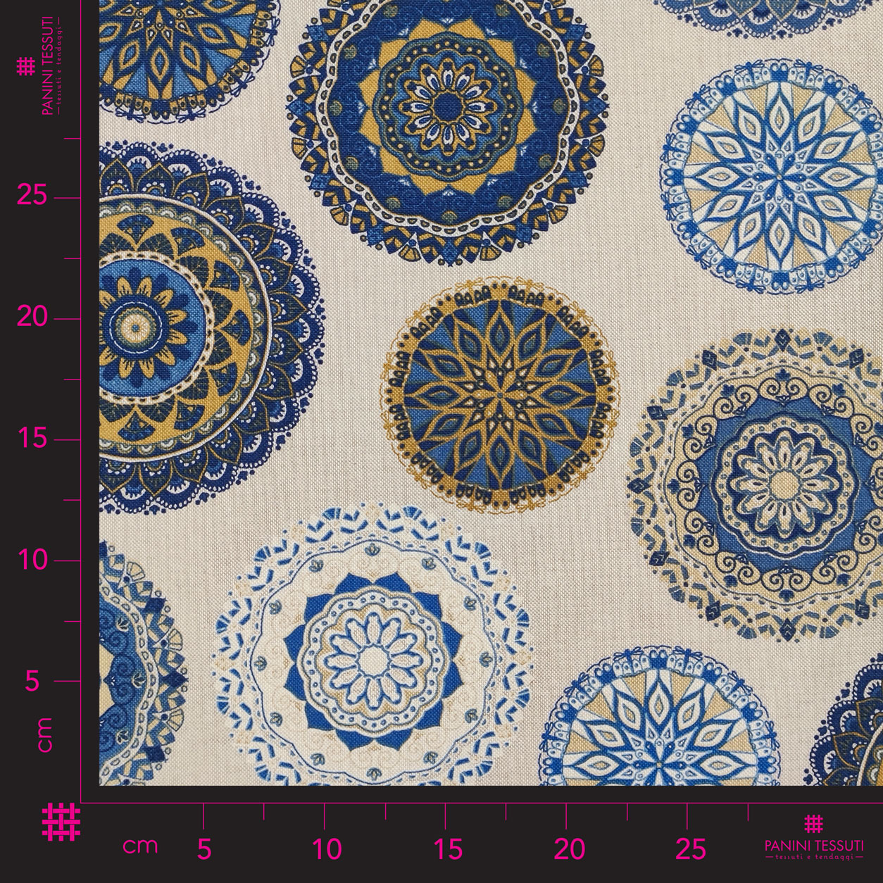 Ritaglio Tessuto Panama Misto Cotone Mandala Azzurri