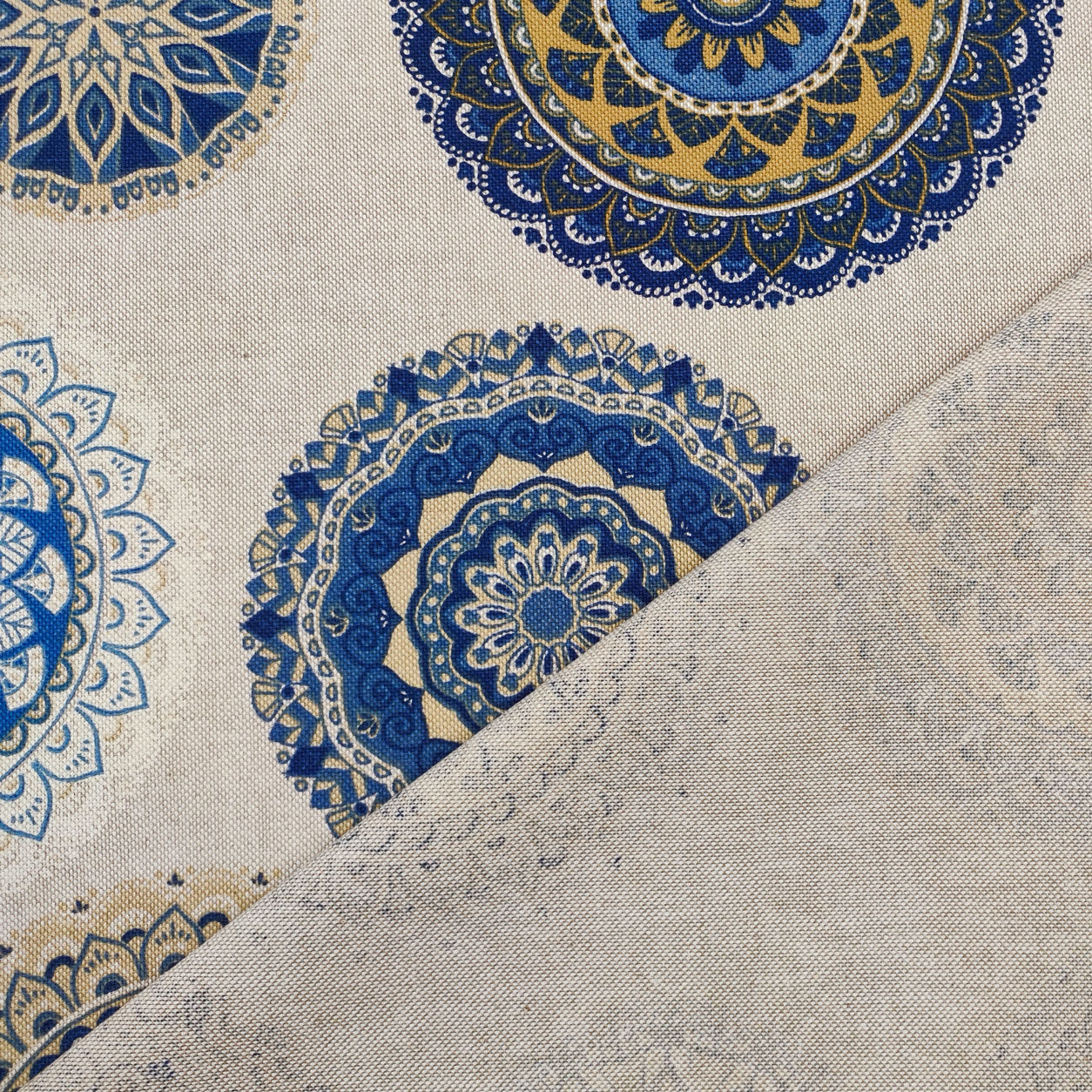 Ritaglio Tessuto Panama Misto Cotone Mandala Azzurri