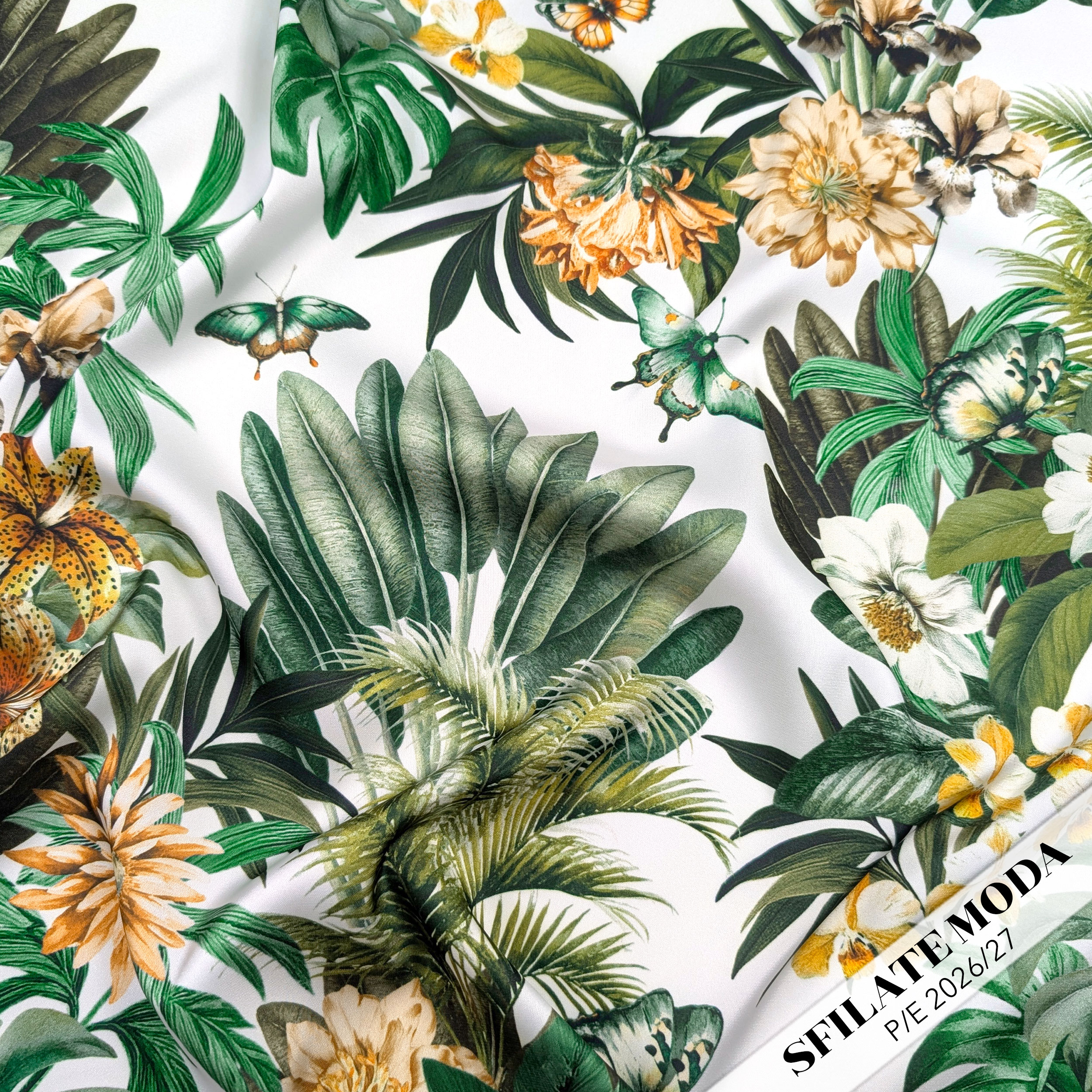 Raso Alta Moda Bianco Fiori e Foglie Tropicali